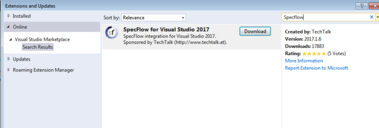 Installing Specflow Extension in Visual Studio